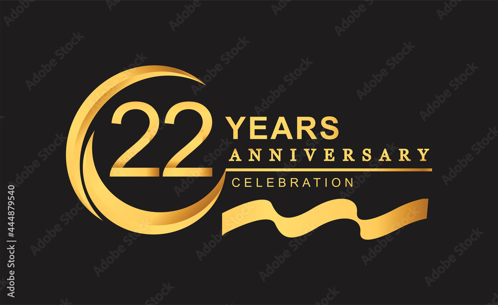22nd anniversary design logotype golden color with ring and gold ribbon ...