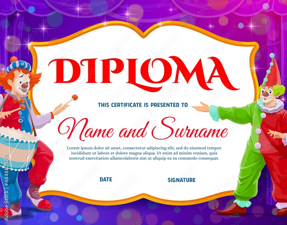 Kids education diploma with circus clowns, vector certificate of ...