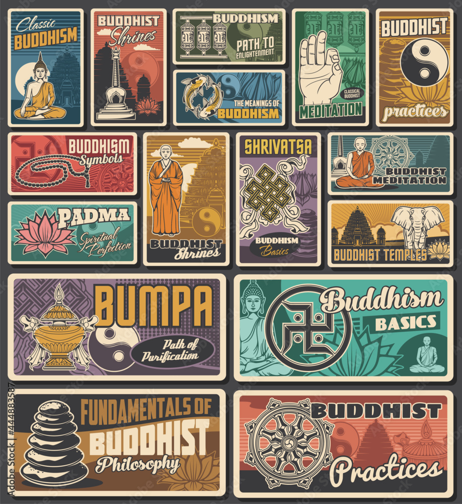 Buddhism religion shrines, meditation retro banners and posters ...