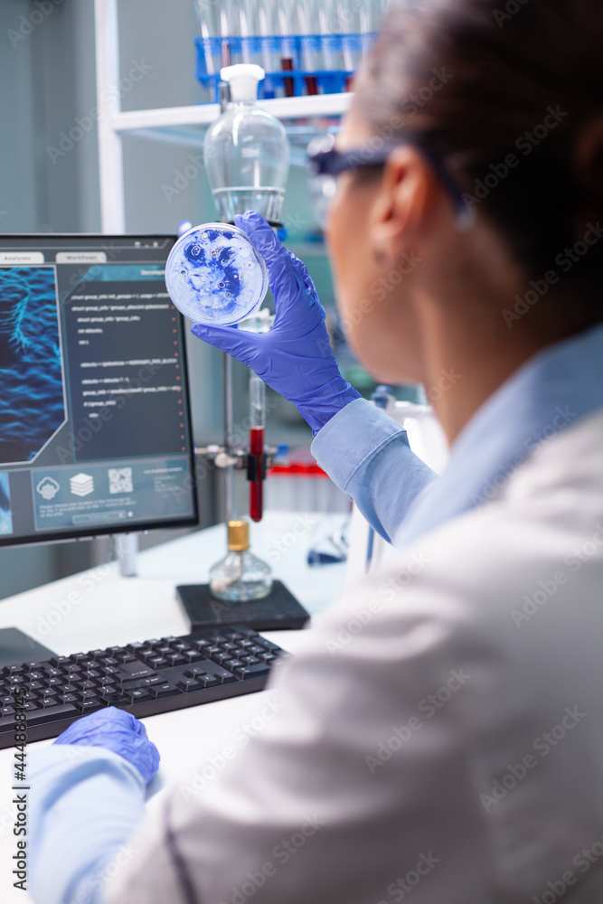 Biologist woman looking at bacteria virus using medical petri dish ...