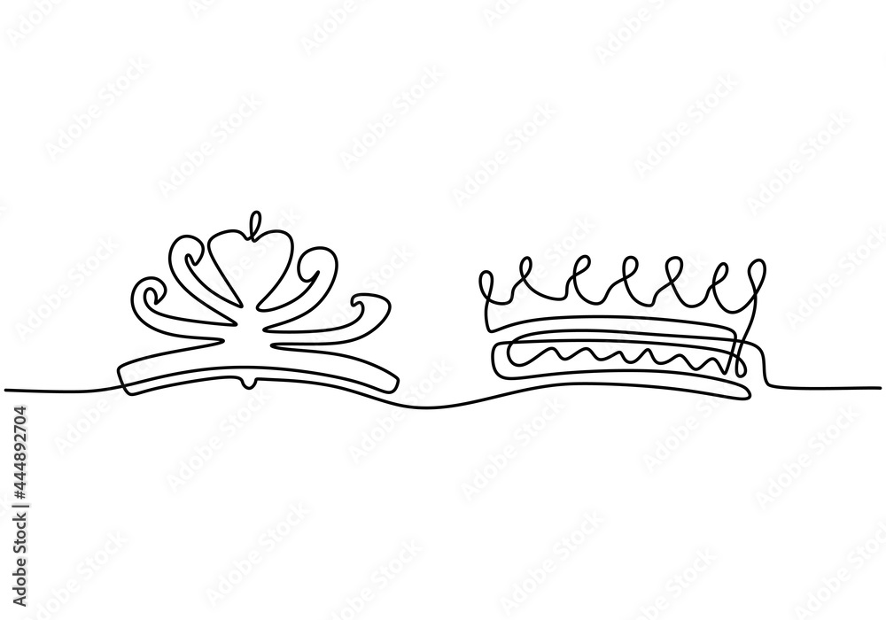 A crown of king and queen in continuous line drawing isolated on white ...