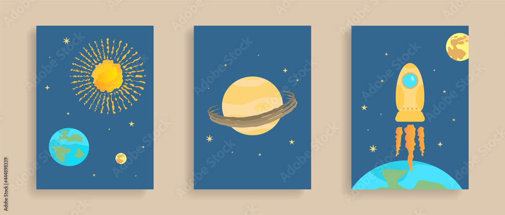 Space posters set. Sun, earth, moon with stars. Planet with rings ...