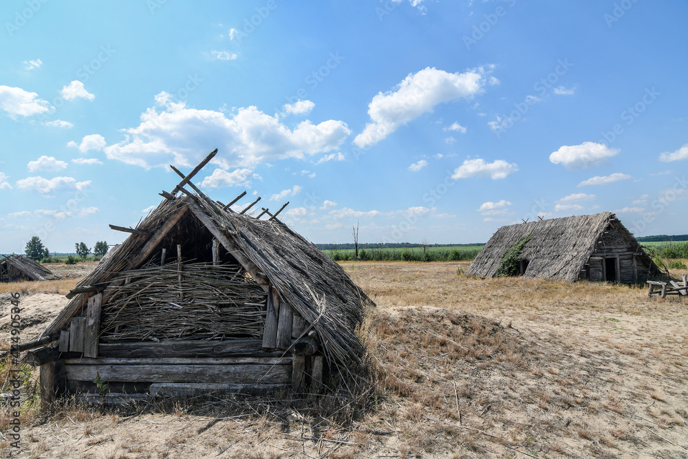 Old rustic wooden Slavian hut with roof made of straw in Svalovychi ...