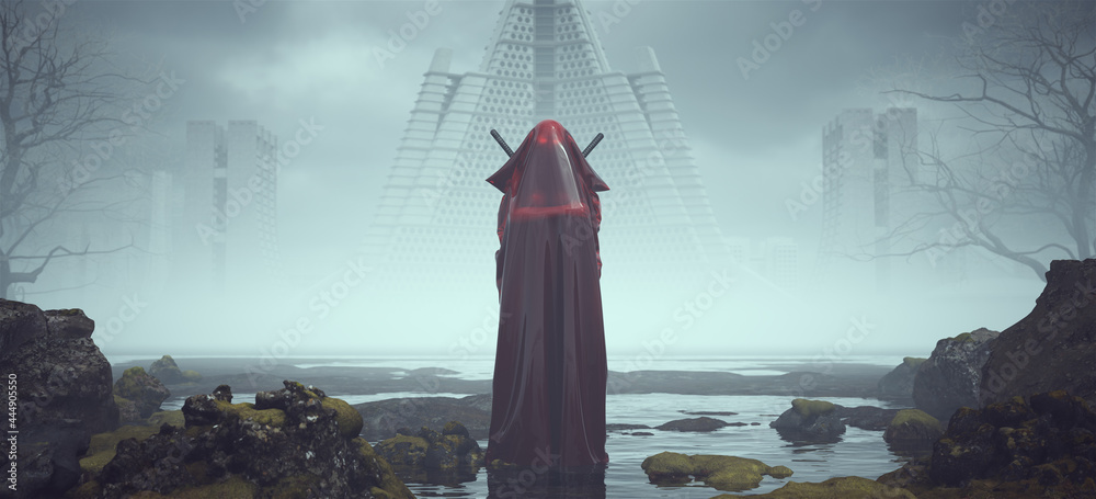 Futuristic Sci Fi Alien Villain Space Assassin Woman in Red Long Hooded ...