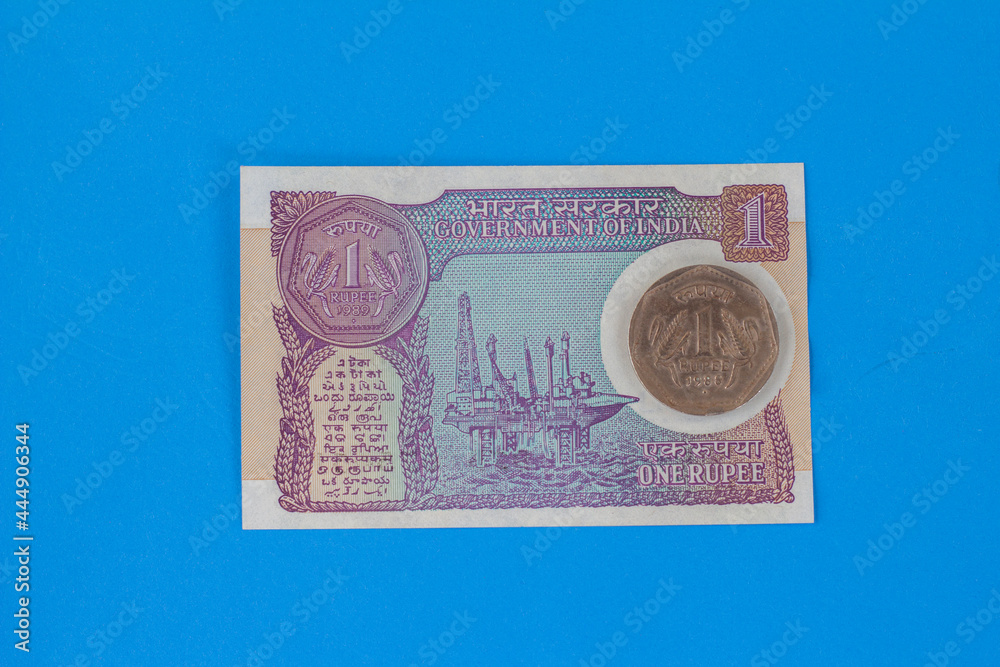 Indian Old vintage coin and paper note of One Rupee. old coin isolated ...