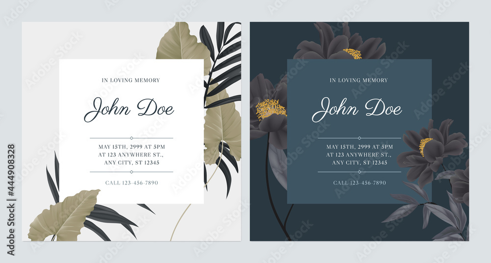 Floral memorial and funeral invitation card template design, bright and ...
