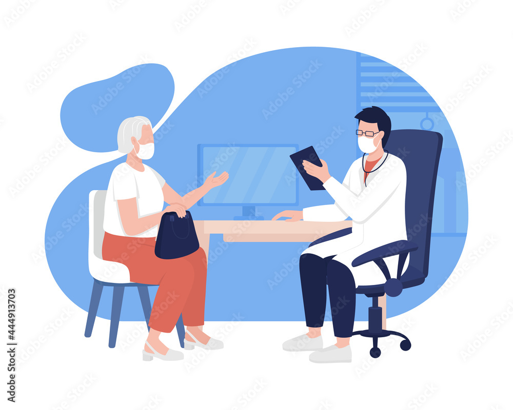Patient and physician meeting 2D vector isolated illustration. Medical ...
