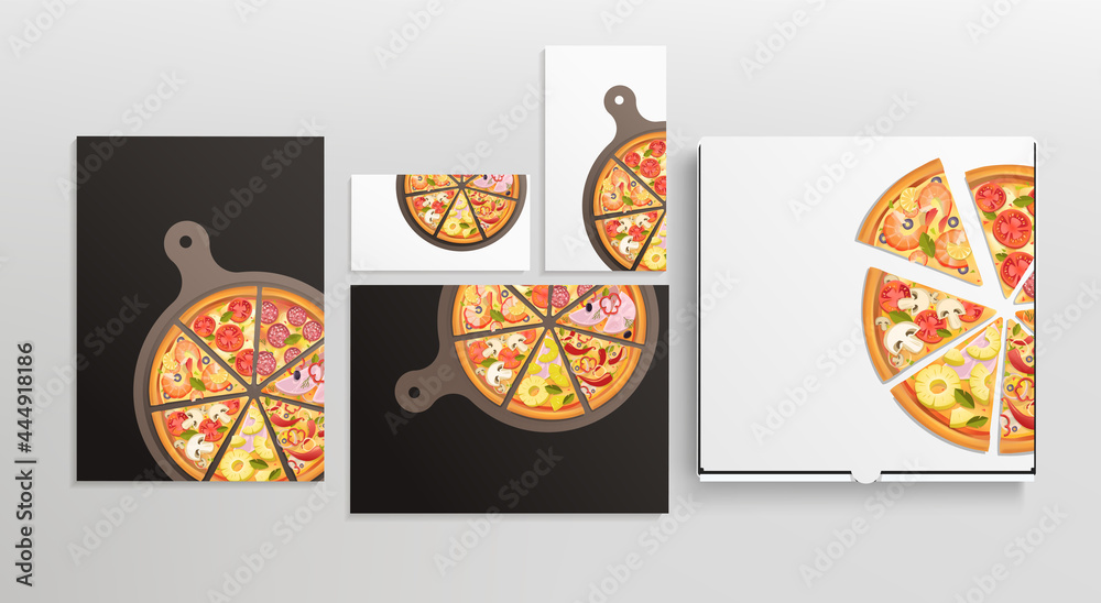 Pizzeria flyer poster with realistic pizza box template. Various pizza ...