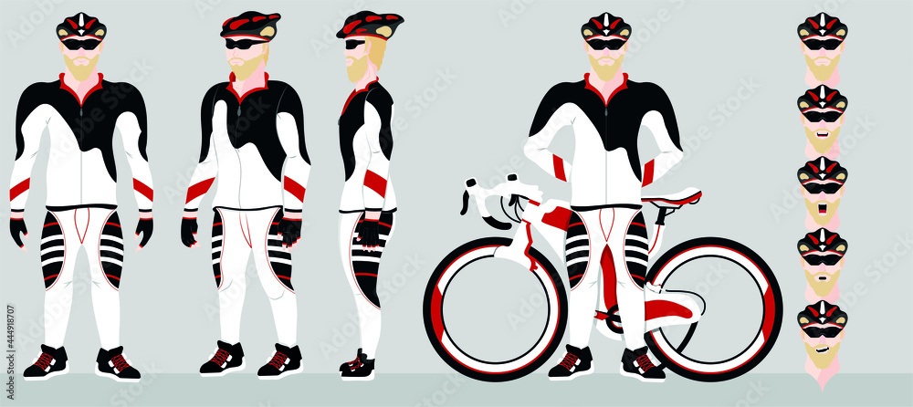 Cyclist character model sheet for animation. Flat character design ...