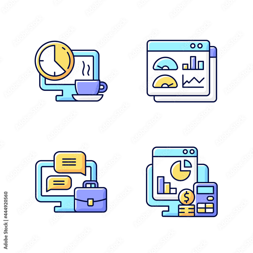 Work tracking RGB color icons set. Coffee, lunch break for employee ...