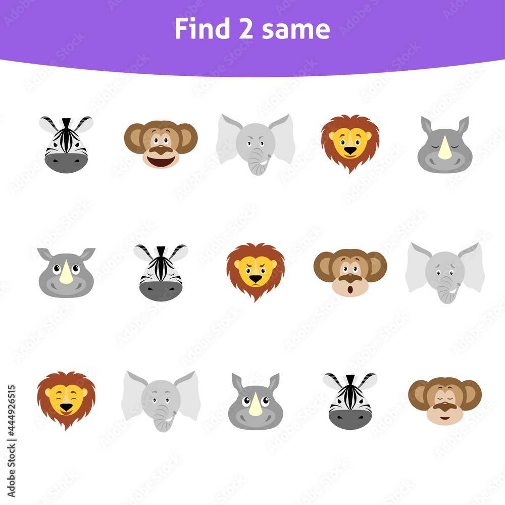 Educational game for children. Find two same. Animal faces. Chimp ...