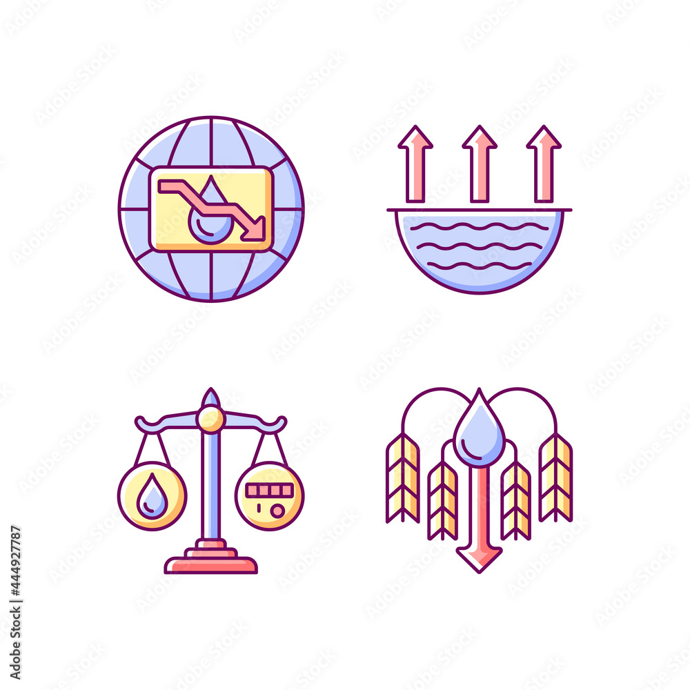 Suffering from water shortage RGB color icons set. Isolated vector ...