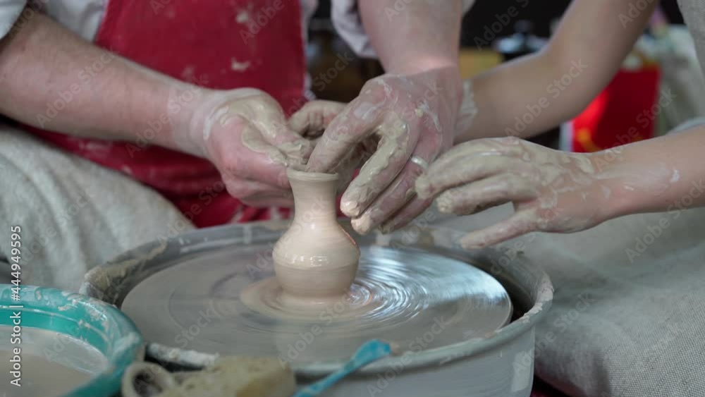 Potter Teaching Pottery Little Girl Man Teaches Child Make Dishes From ...