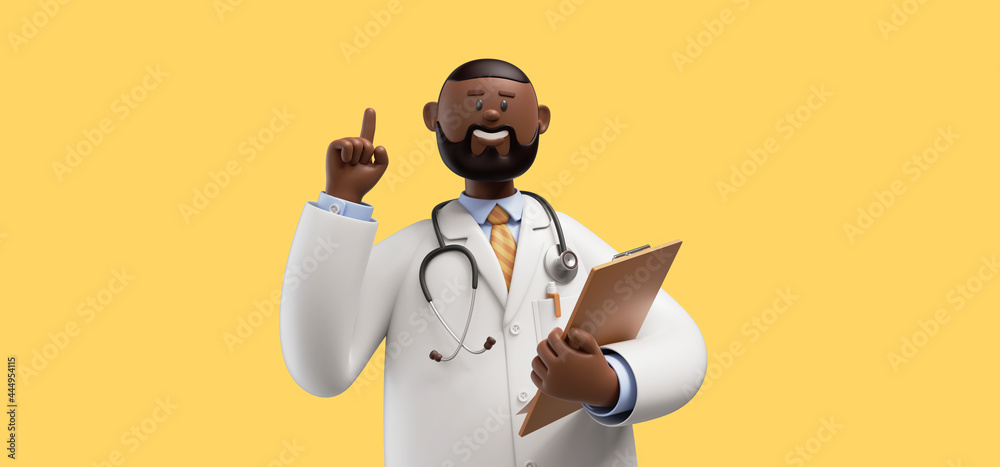 3d render. Doctor african cartoon character holds documents and gives ...