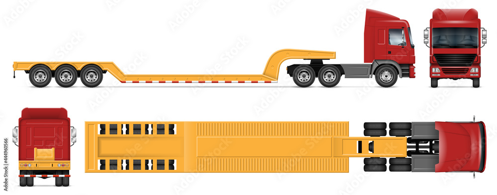 Lowboy trailer truck vector mockup on white for vehicle branding ...