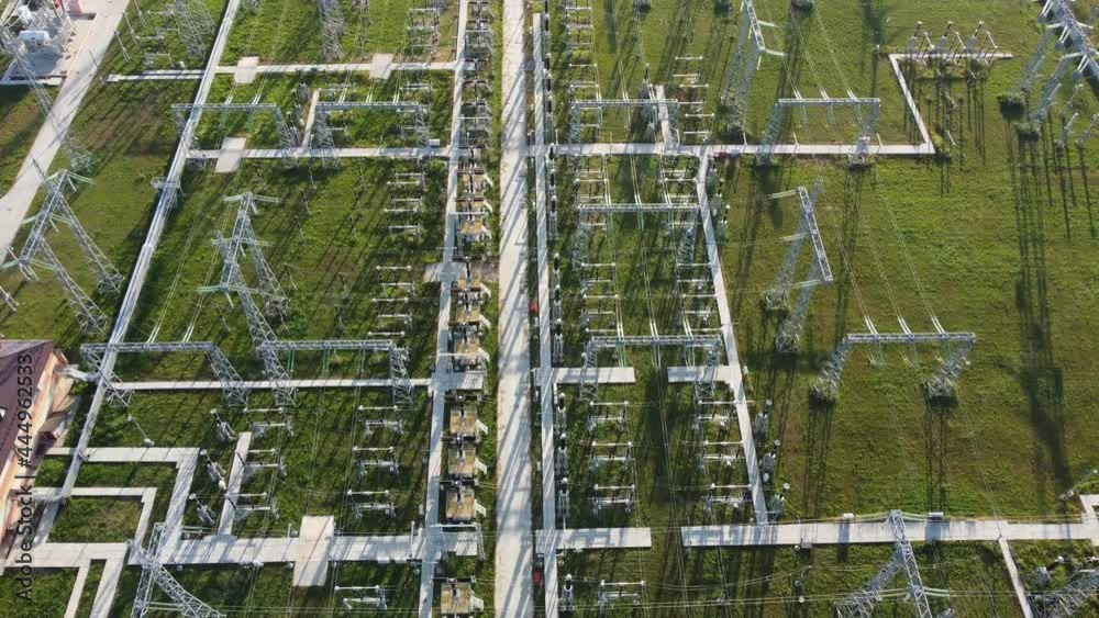 High voltage electrical substation. View from flying drone. Power plant ...