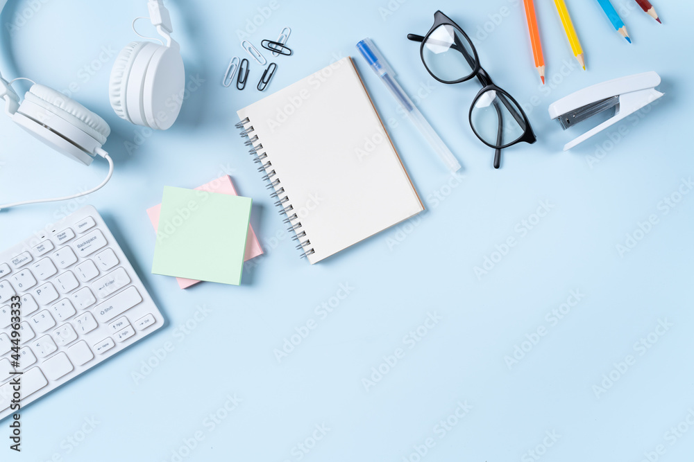 Online learning design concept. Top view of student table with computer ...