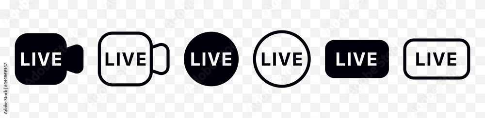 Broadcasting live icon set. Black Live stream symbols. Camera recording ...