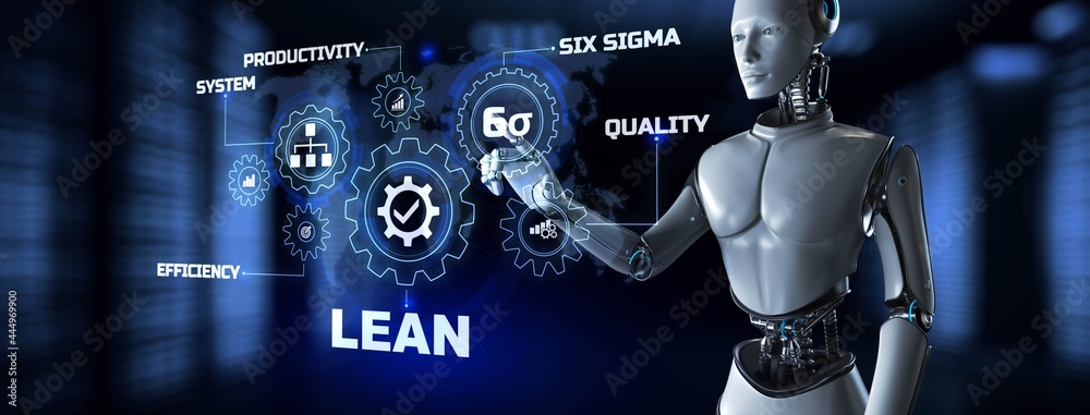 Lean manufacturing development concept. Robot pressing button on screen 3d render. Stock ...