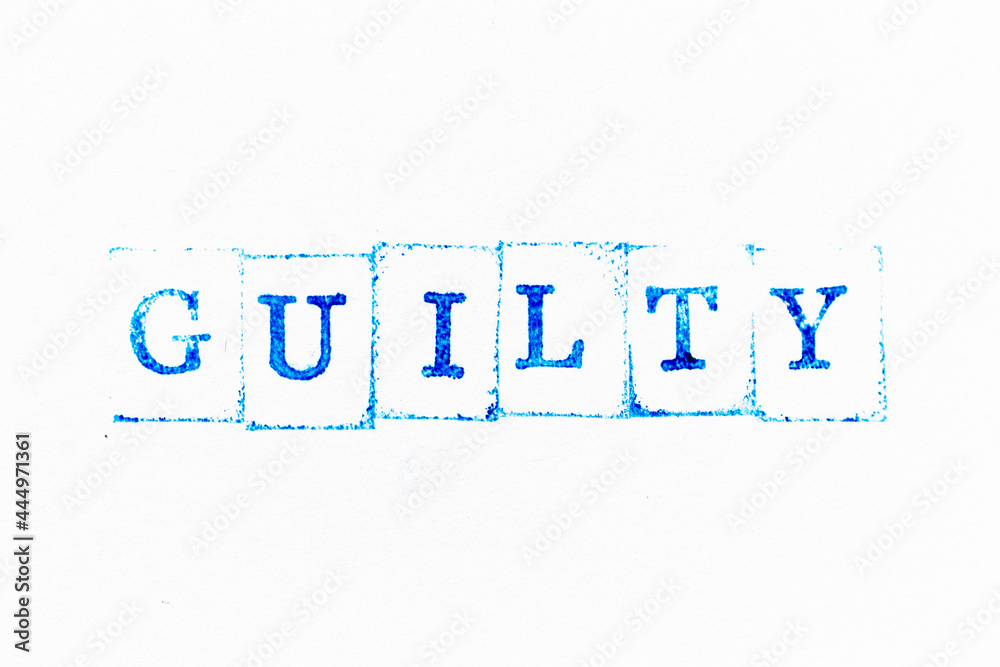 Blue color ink rubber stamp in word guilty on white paper background ...