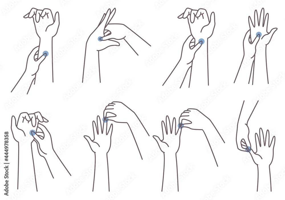 Acupressure hand massage technique. Woman pressing finger, palm, wrist ...