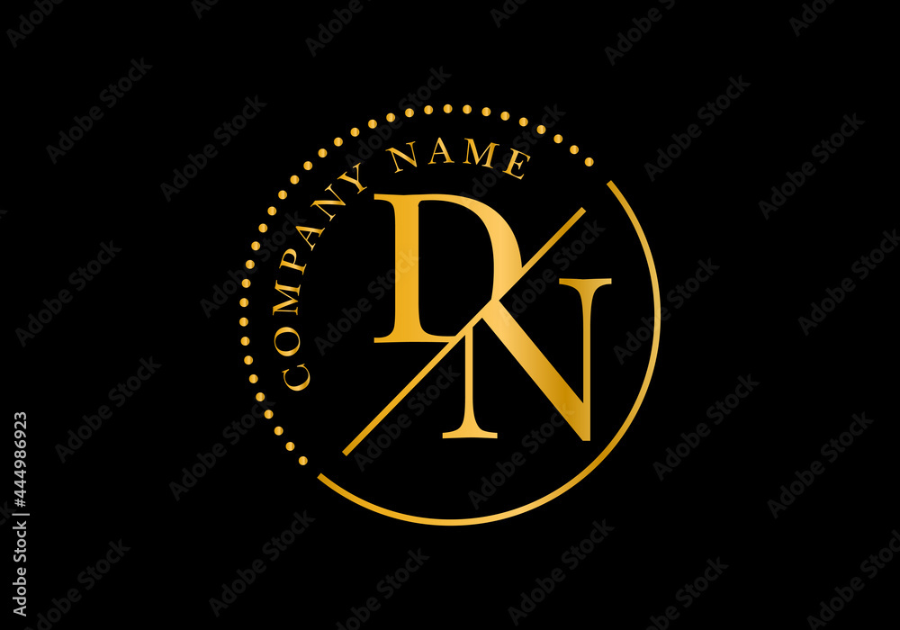 Golden letters DN with golden circle frames. Graphic Alphabet Symbol ...