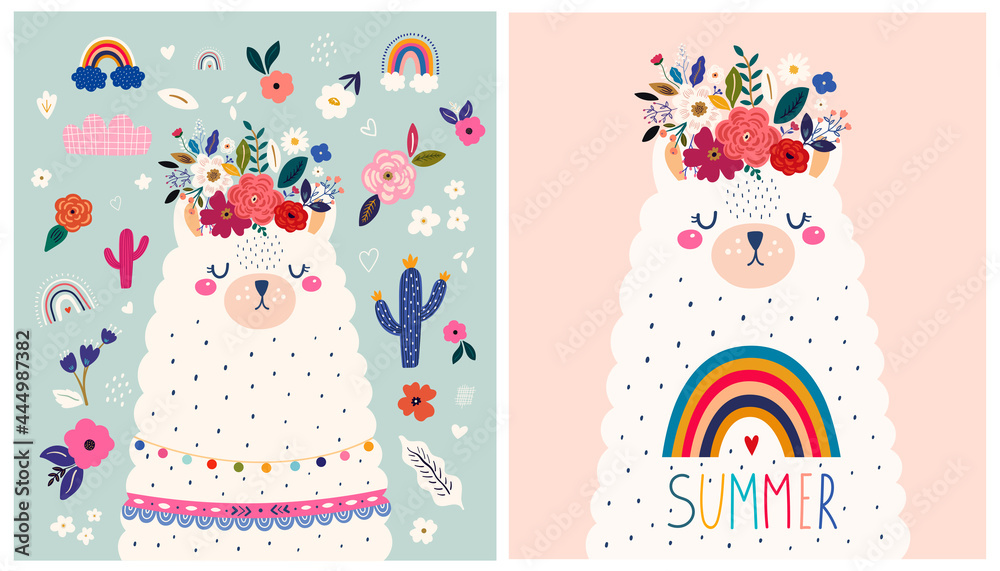 Baby design with cute llama and rainbow. Vector illustration with cute ...