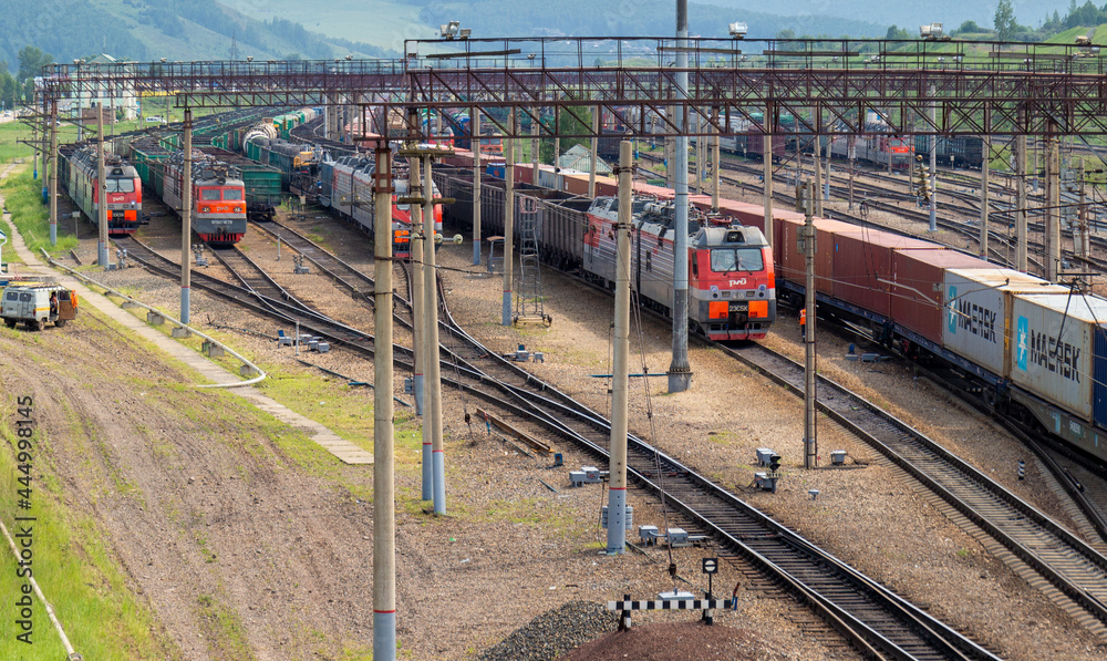 Krasnoyarsk, Russia - June 20, 2021: cargo trains on complex railway ...