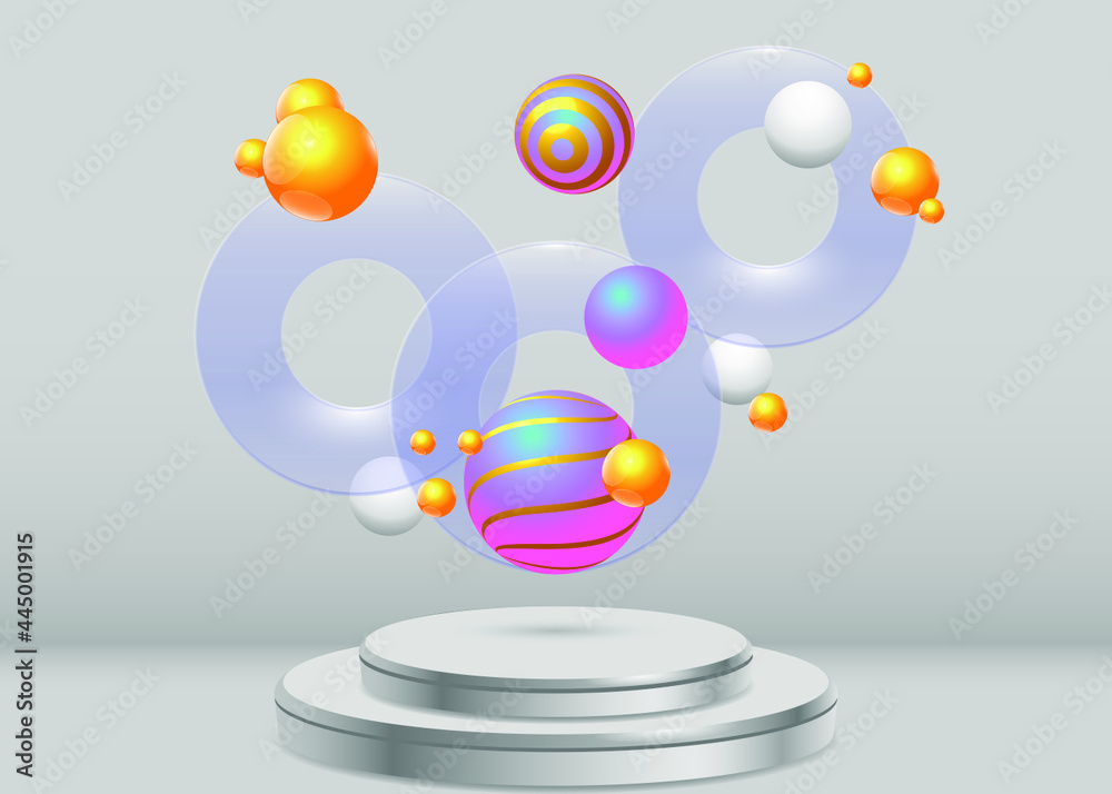 Realistic scene with a round pedestal and group of flying objects ...