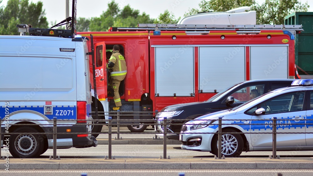 Police and fire brigade at the scene. Rescue vehicles on the site of a ...