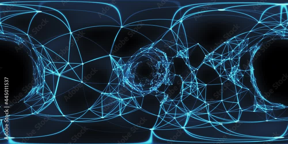 Vr360 Flying Through Digital Binary Blue Plexus Tunnel Made Of Digital Nodes And Connection