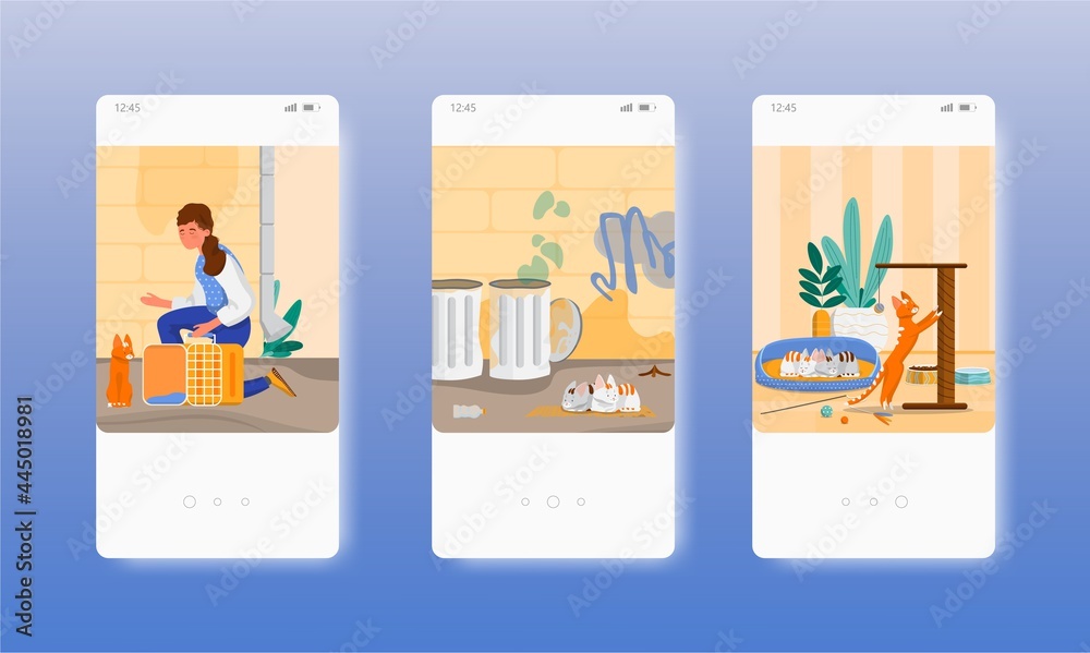 Stray animals rescue, pet care, volunteering. Mobile app screens ...