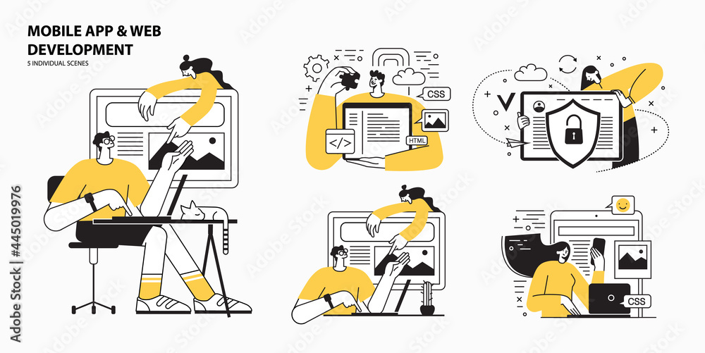 Web development agency abstract concept vector illustration set. Front and back end development ...