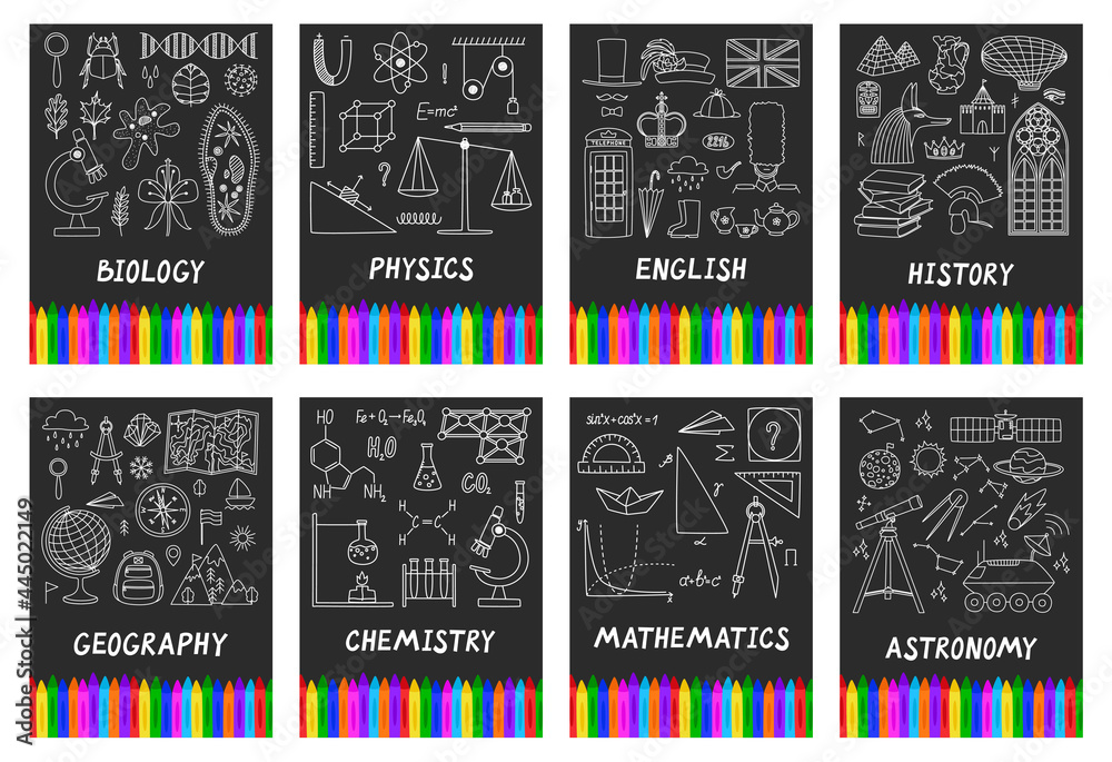 Designs of the most common school subjects covers with education ...
