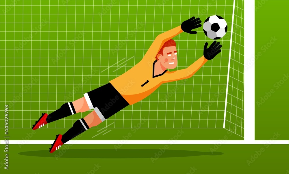 Soccer goalkeeper catches the ball after hitting the striker. Vector ...