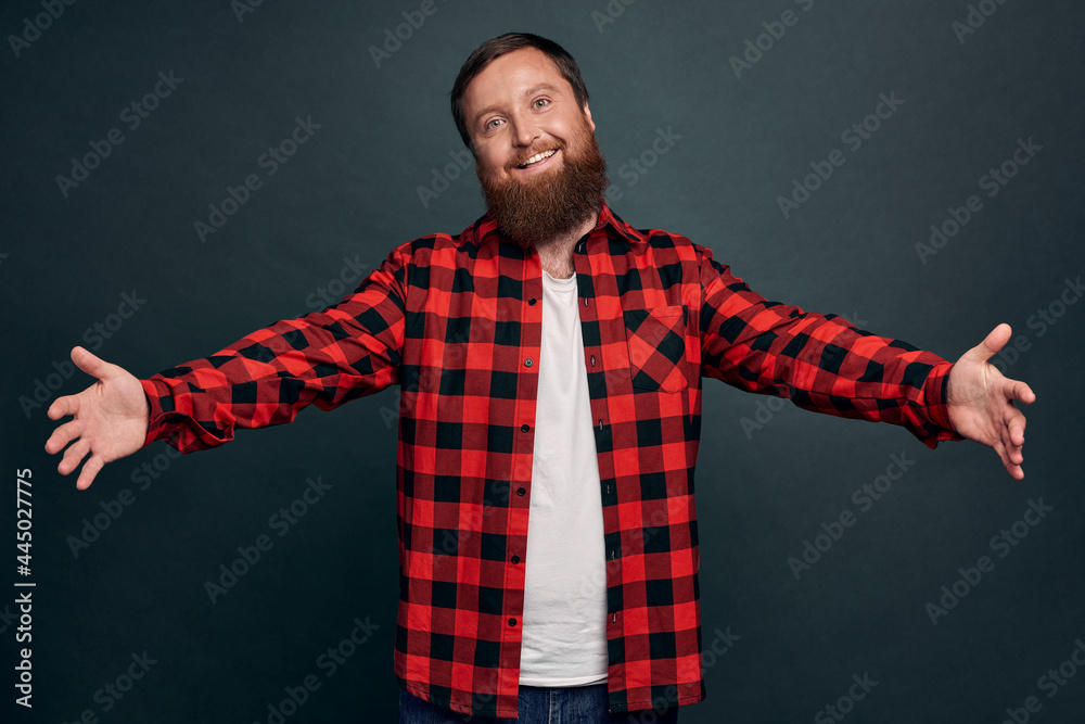 Friendly good-looking charming caucasian guy inviting deares friends ...