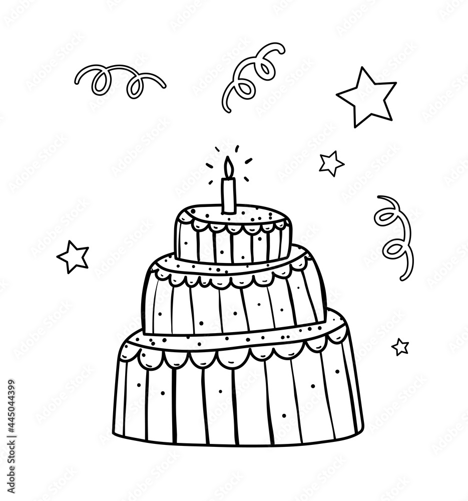 Cute hand drawn outline cake for kids coloring book. Birthday cake ...