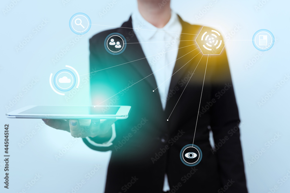 Woman In Uniform Standing And Displaying Mobile Device Using Futuristic ...