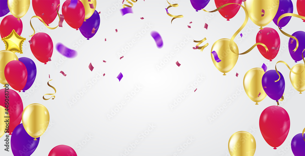 Gold balloons and Celebration background template with confetti and ...