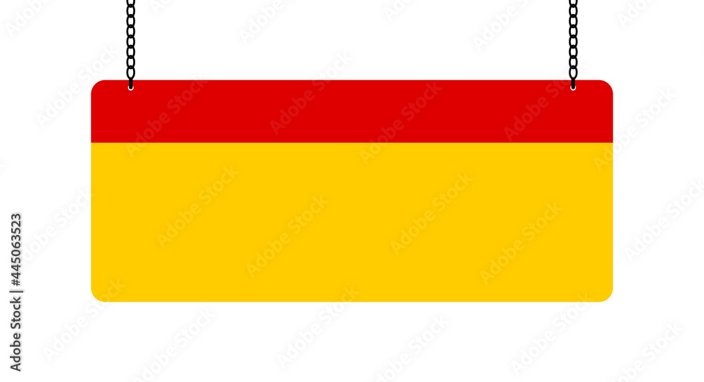 Hanging red and yellow sign. Empty text box, speech bubble or quote ...