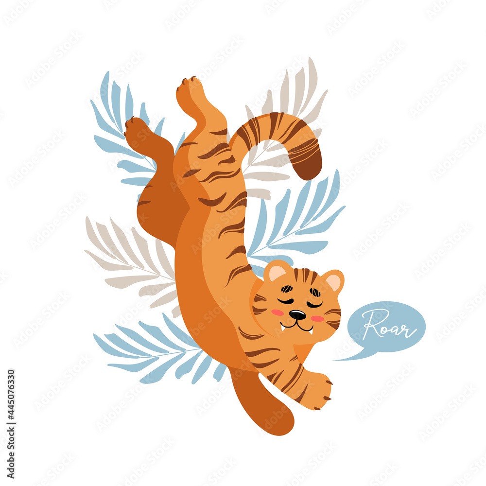 Cute lying tiger growls roar childrens vector illustration in cartoon ...