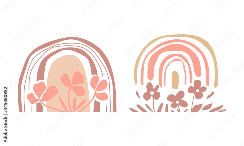 Set of abstract rainbows with flowers. Minimalism. Boho. Modern ...