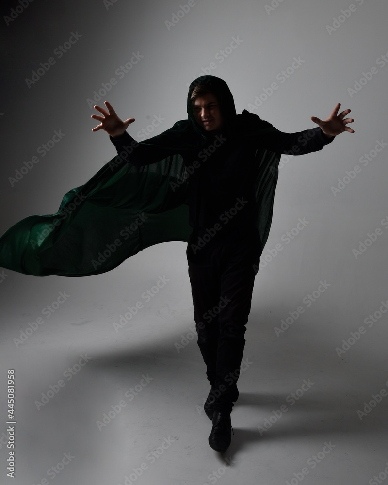 Full length portrait of a brunette man wearing black shirt, waistcoat ...
