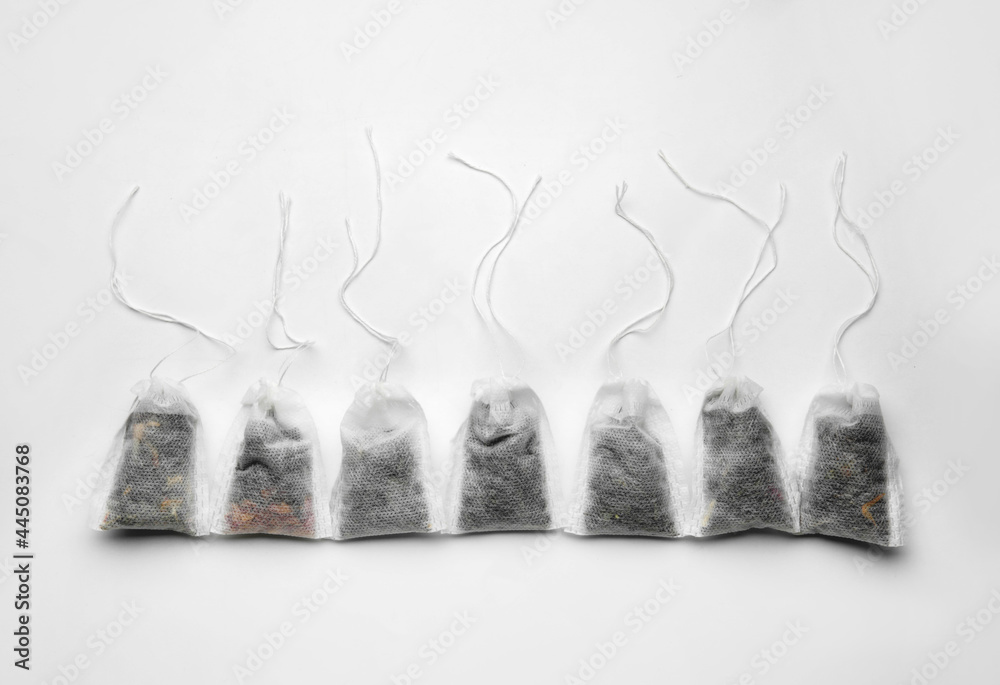 Tea bags on white background Stock Photo | Adobe Stock