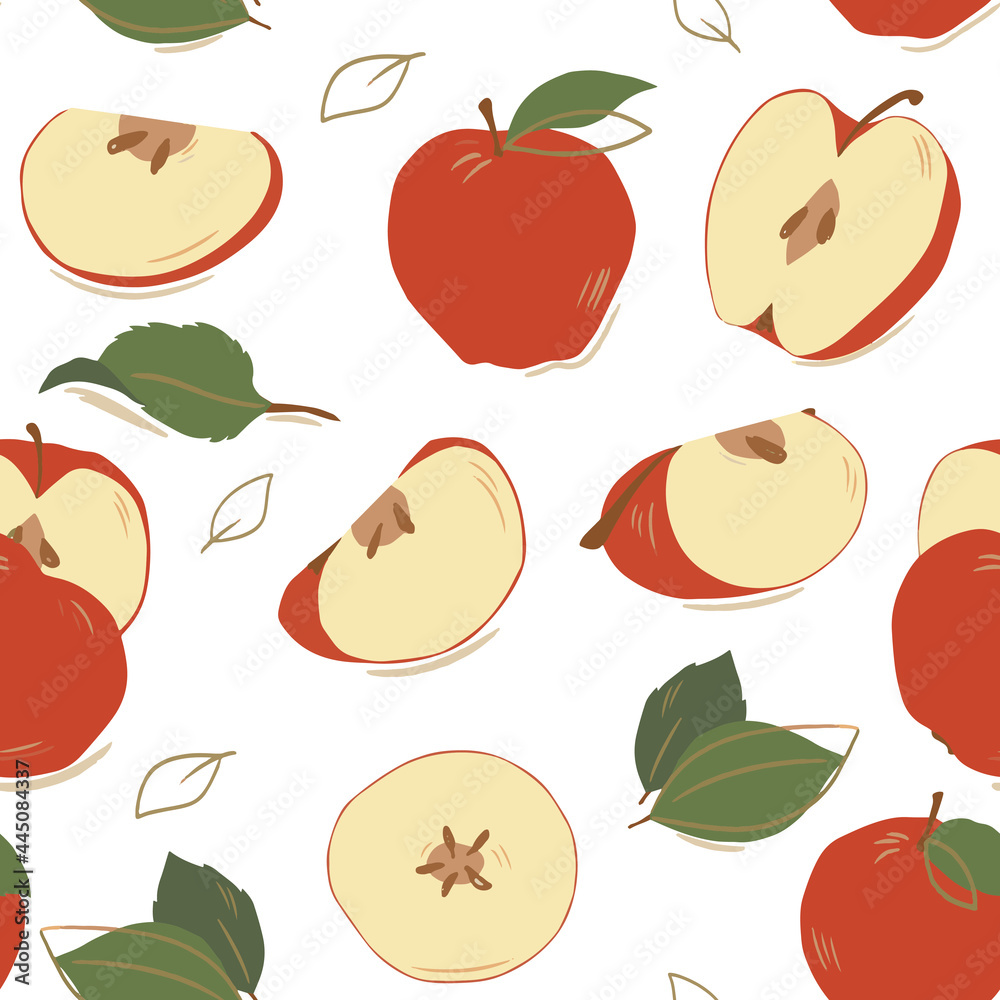 Seamless pattern of fruits. Whole apples, apple halves with leaves on a ...