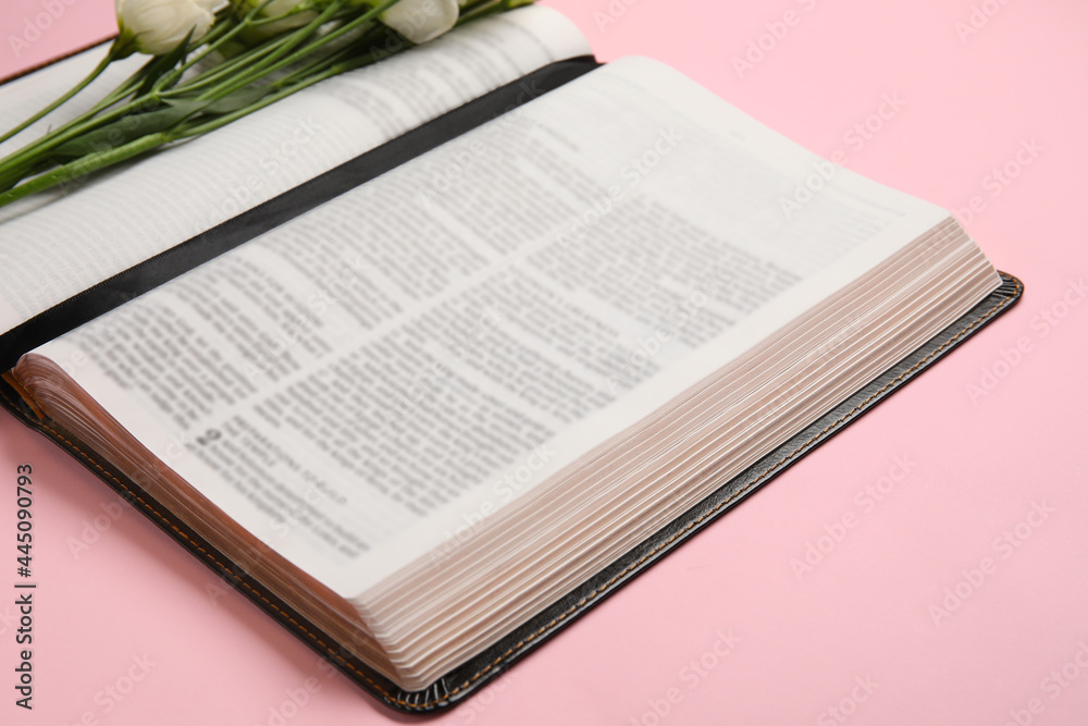 Holy Bible and flowers on color background, closeup Stock Photo | Adobe ...
