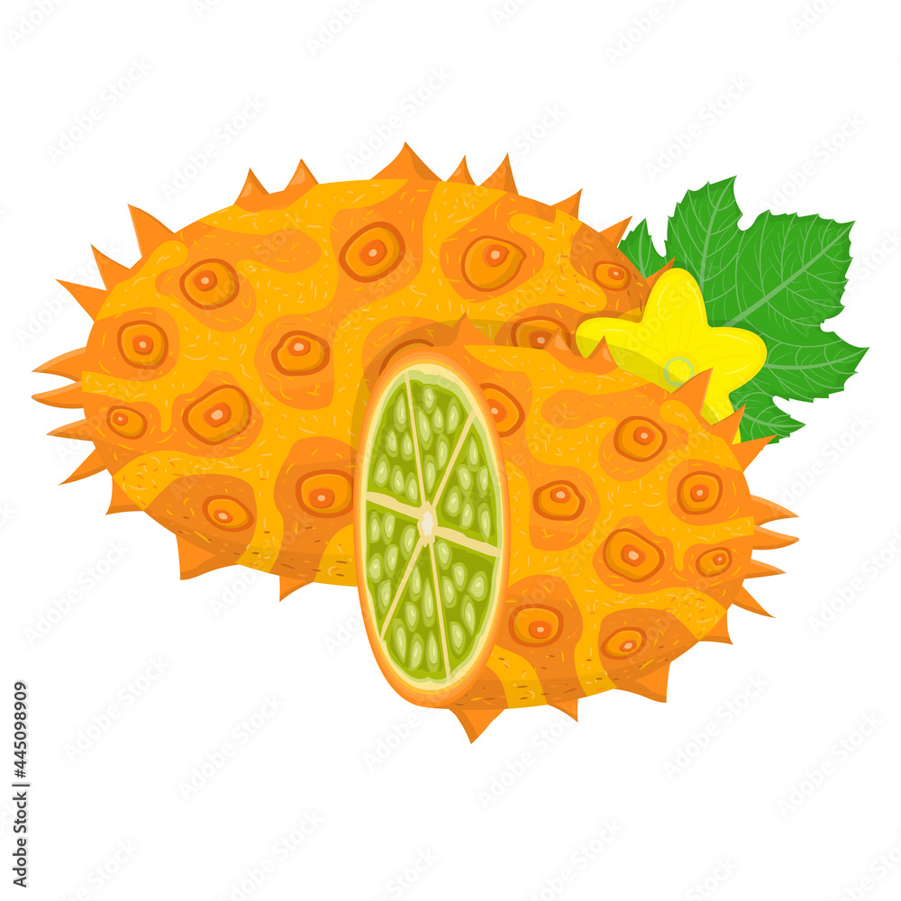 Fresh whole and half cut yellow kiwano fruit isolated on white background. Summer fruits for ...