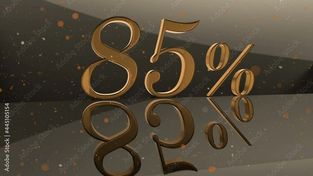 Gold numbers 85% on a mirror surface surrounded by flying round small ...