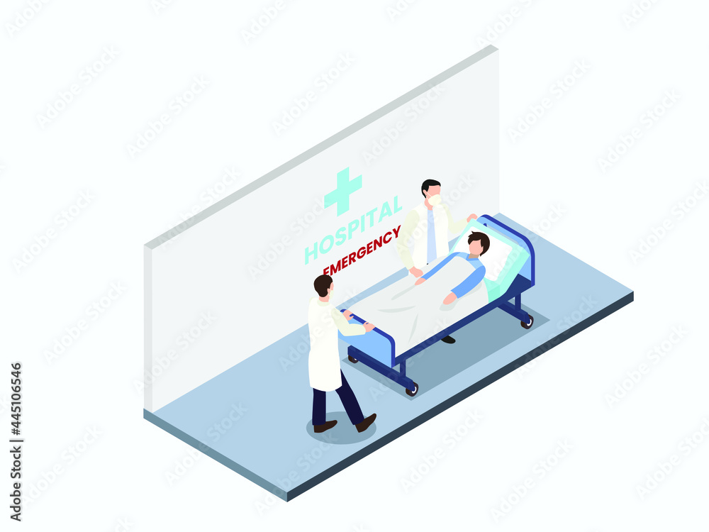 Emergency room isometric vector concept. Medical staff move patient to ...