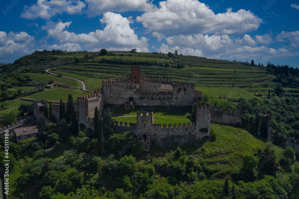 Soave castle aerial view, province of Verona, Italy. Aerial panorama of ...